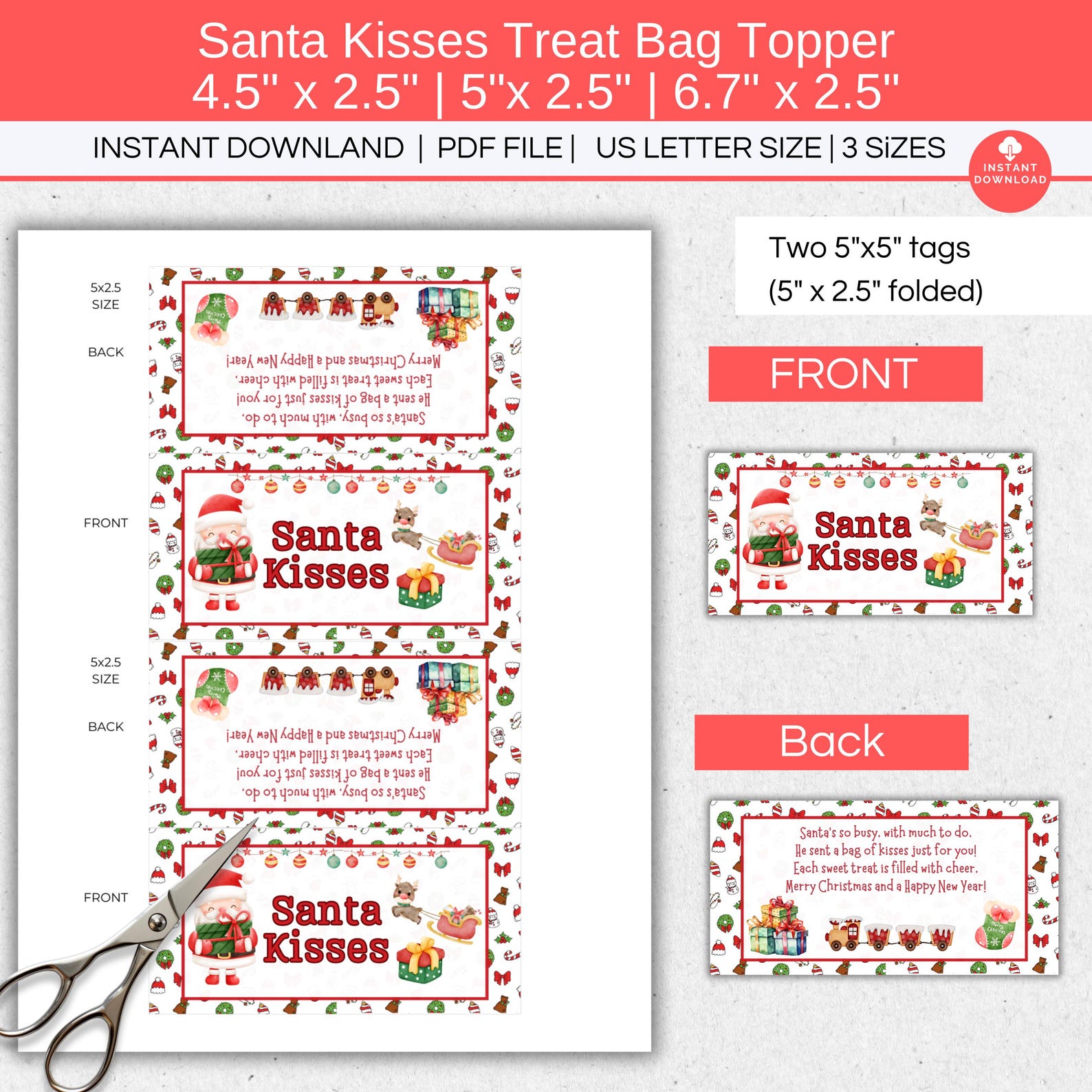 Santa Kisses Treat Bag Tag Topper Printable, Santa Kisses Label, Winter ...