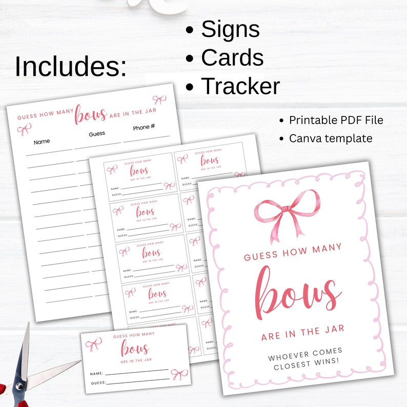 Guess How Many Bows Game Printable Sign Answer Card Tracking Sheet ...
