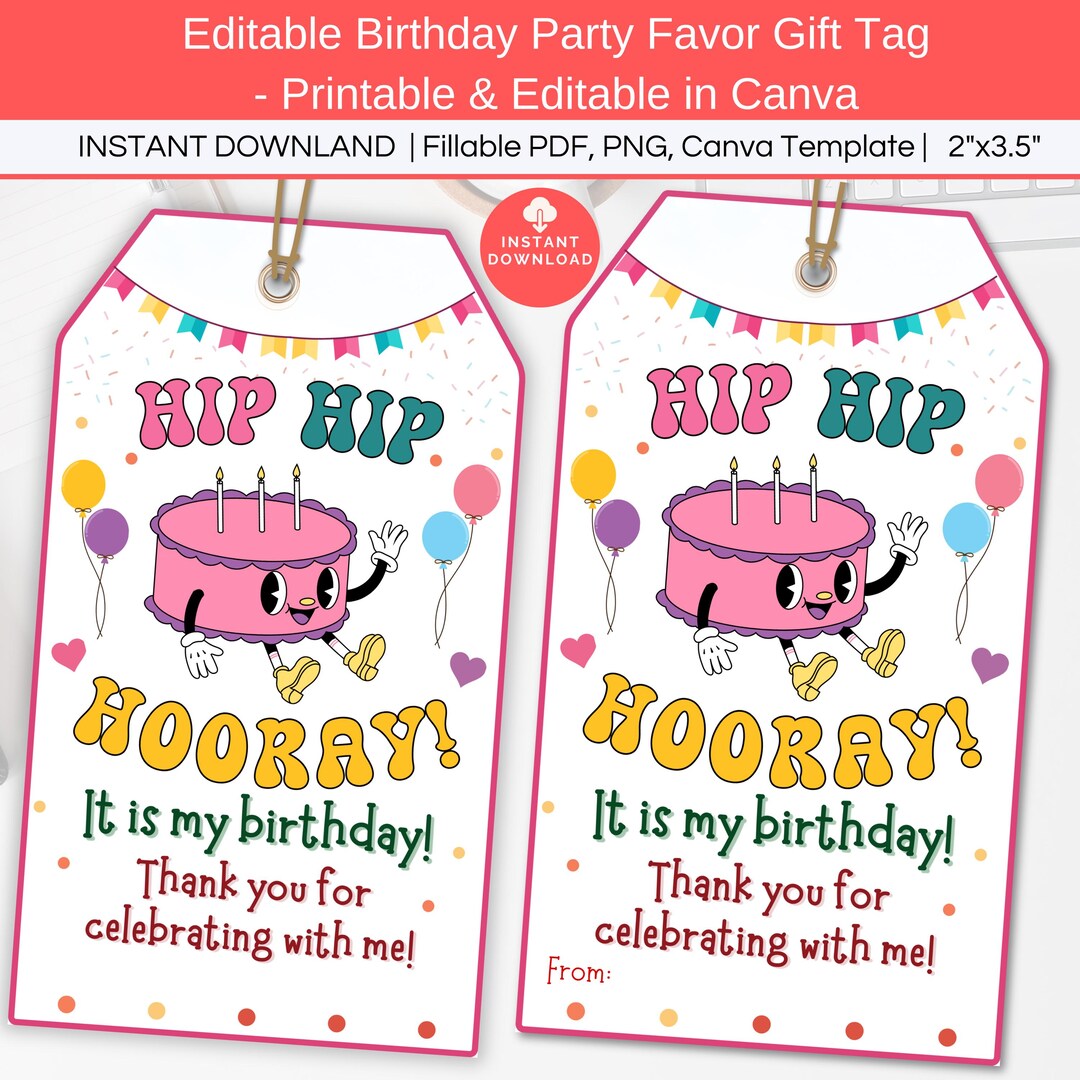 Hip Hip Hooray Birthday Treat Tag Printable, Editable Kids Classroom ...