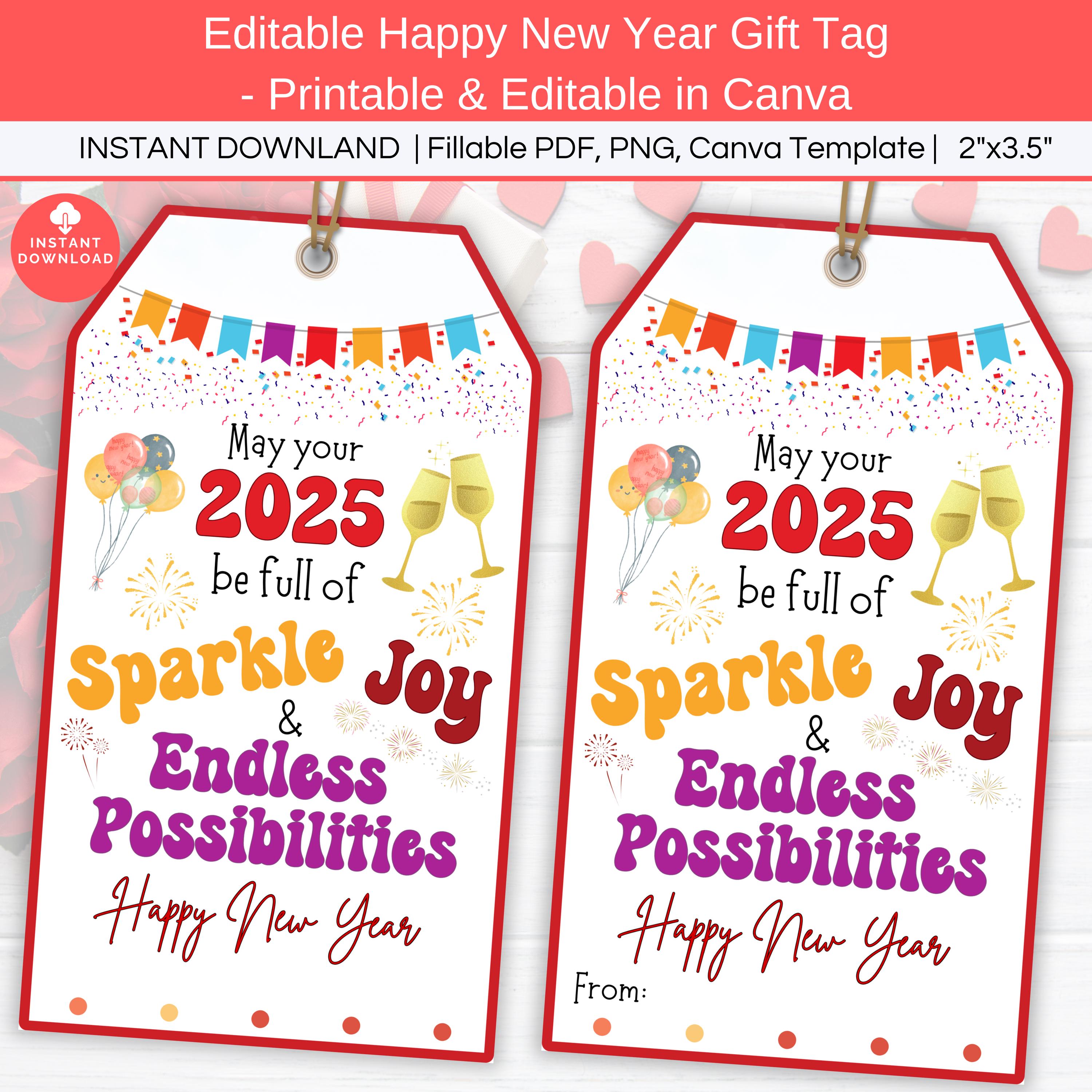 Happy New Year 2025 Gift Tags Printable, Sparkle Joy Gift Tag Editable ...