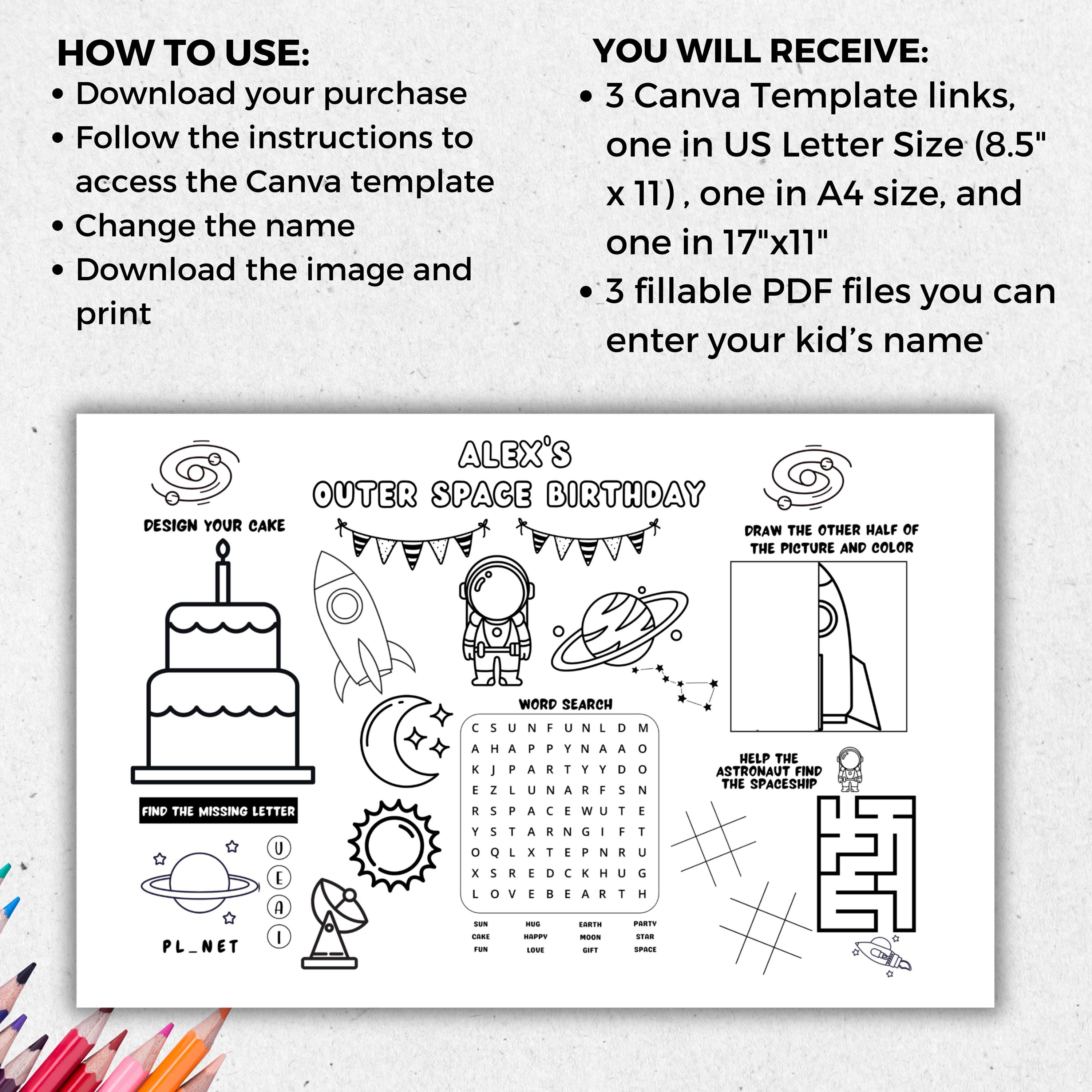 Outer Space Birthday Coloring Placemat, Editable Space Birthday Party ...