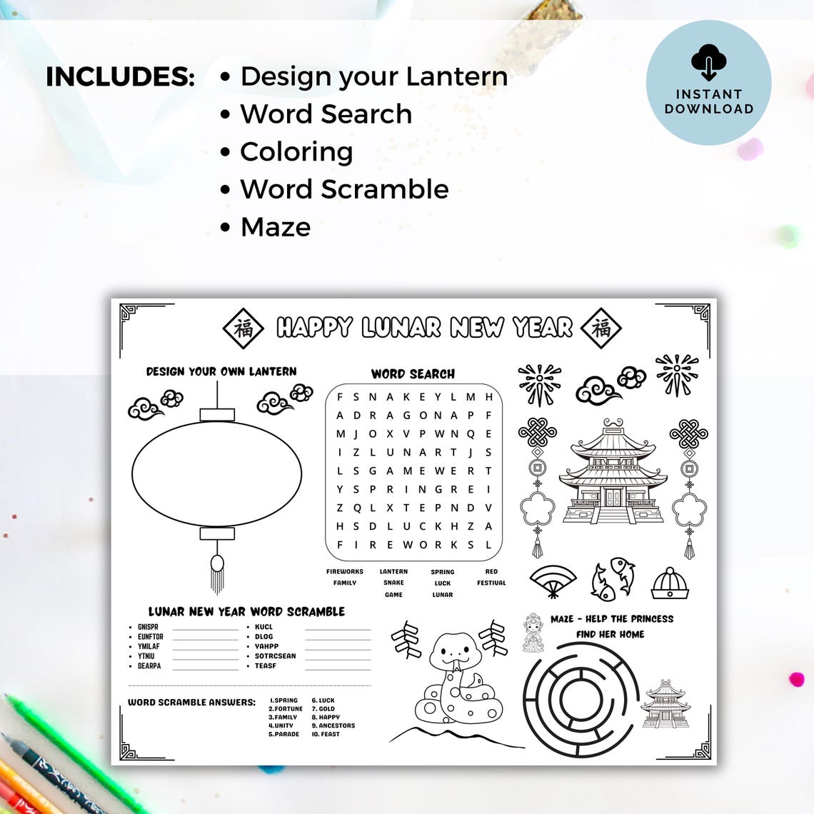 Printable Lunar New Year Activity Placemat for Kids, Year of Snake ...