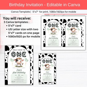 Holy Cow I'm One Birthday Party Invitation, Editable Green Cow Print ...