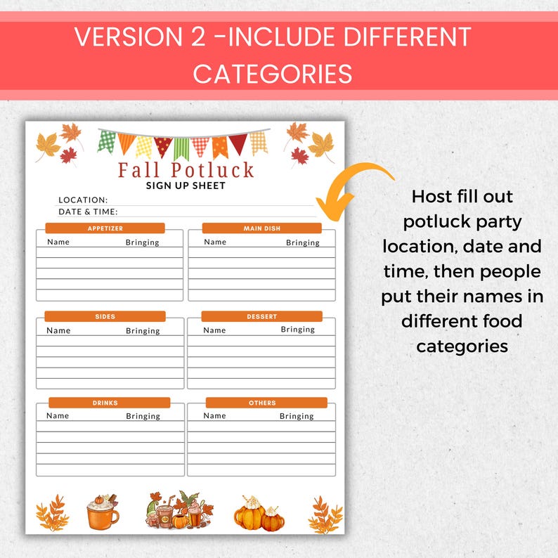Fall Potluck Sign up Sheet Printable, Holidays Events Lunch Dinner ...