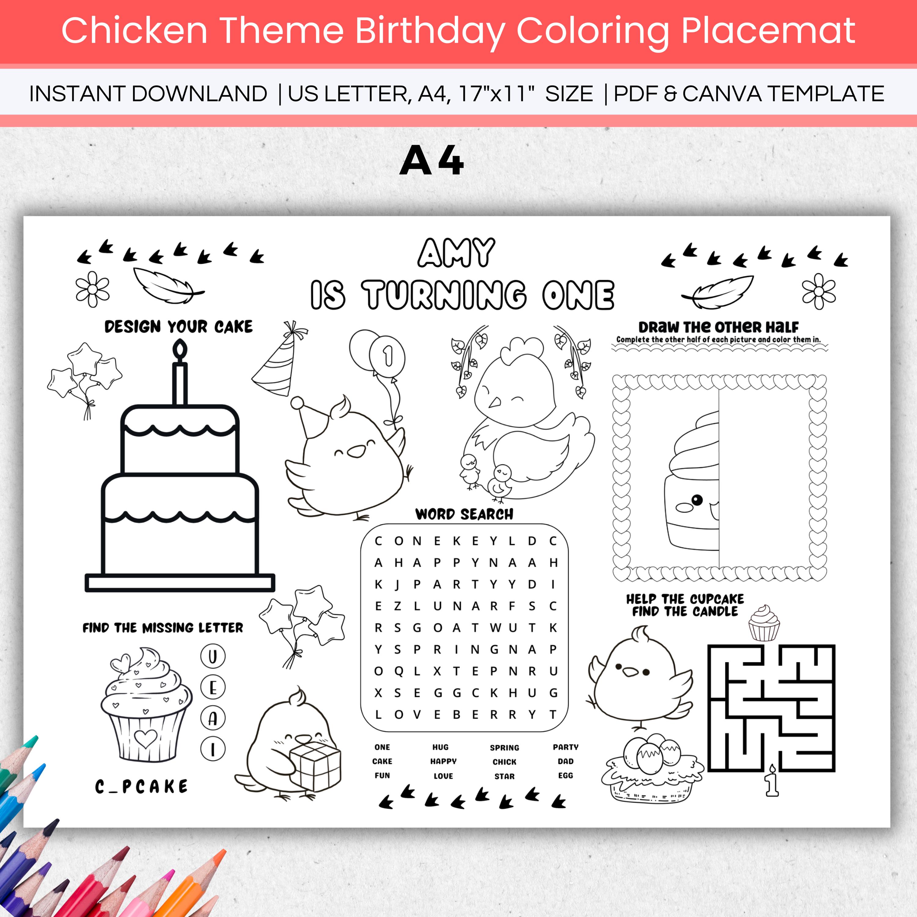 Chicken Birthday Party Coloring Page Activity Placemat, Editable Baby ...