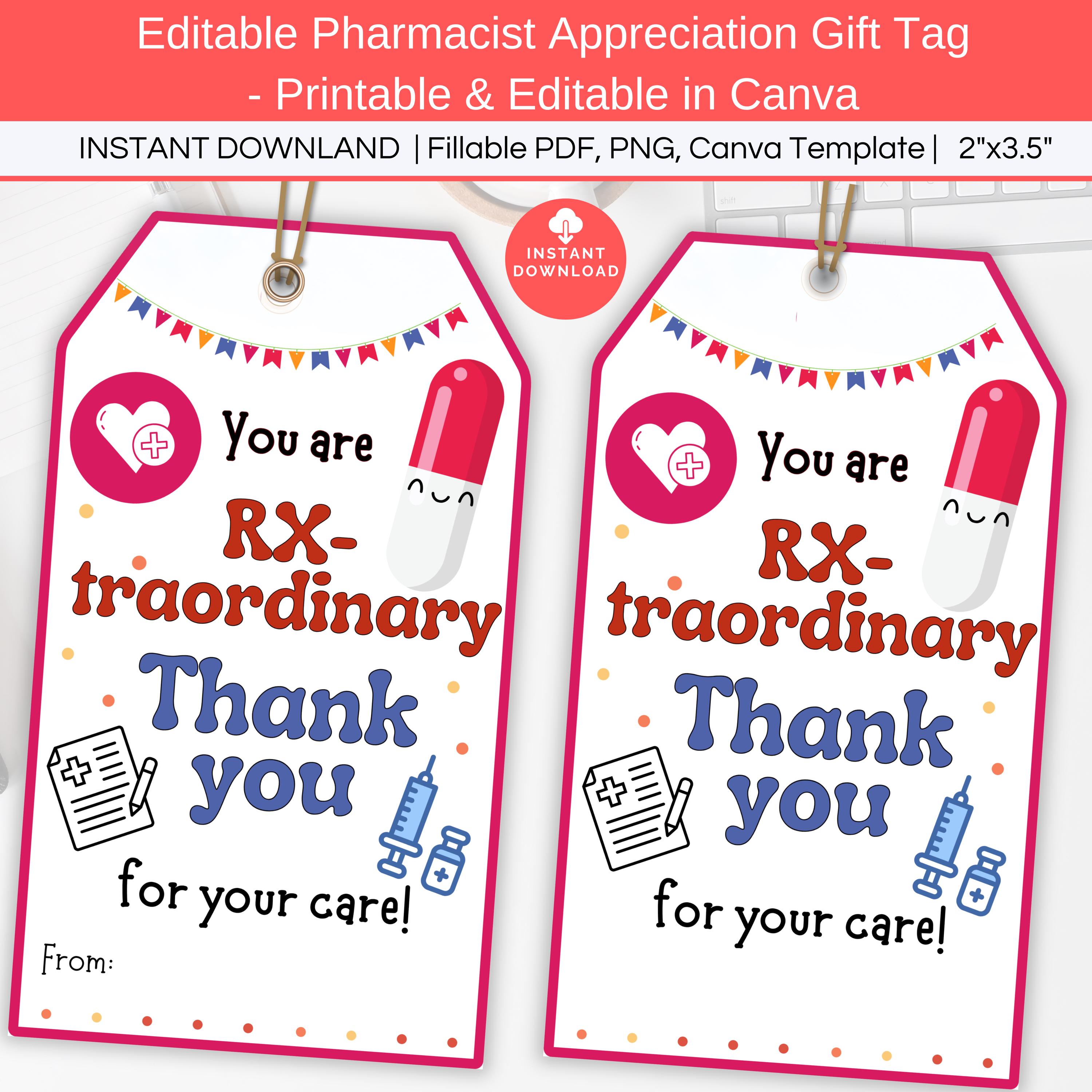 Pharmacist Appreciation Thank You Gift Tags Printable, Editable ...