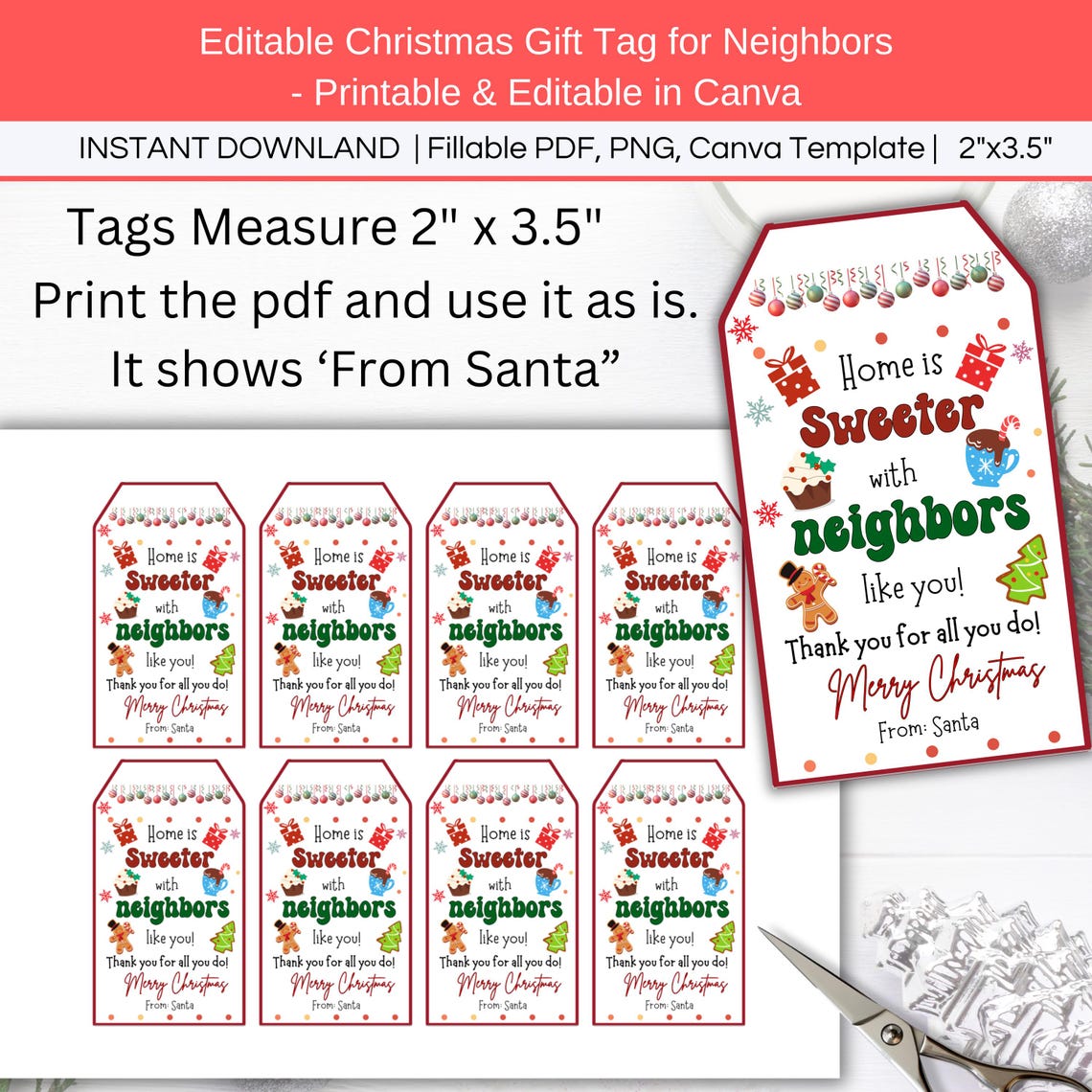 Neighbor Christmas Treat Printable Tags, Secret Santa Neighbor Gift ...