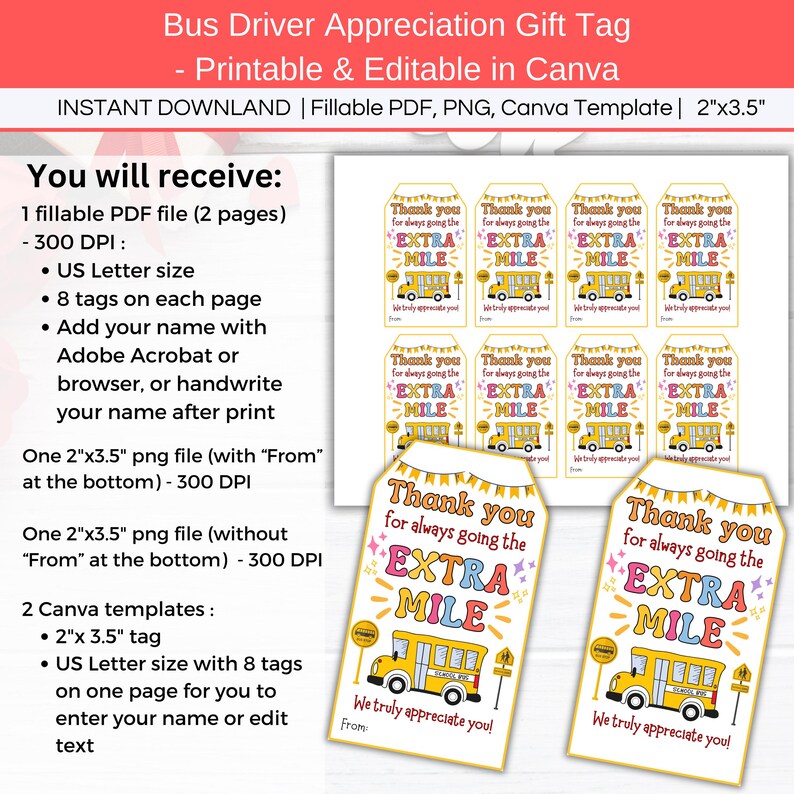 Thank You Going the Extra Mile School Bus Driver Gift Tag Editable, Bus ...