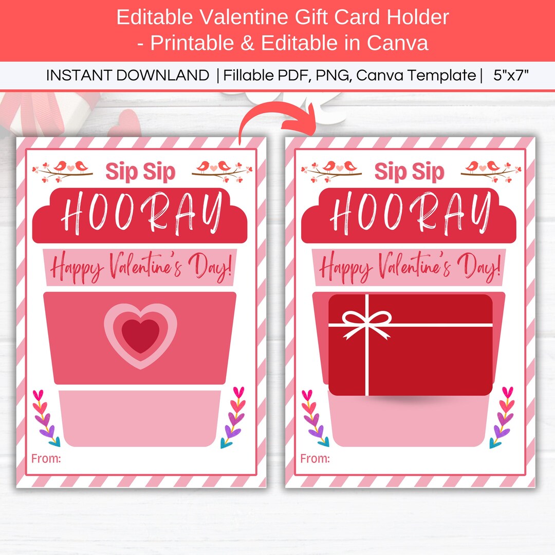 Sip Sip Hooray Valentine Gift Card Holder Printable, Editable Coffee ...