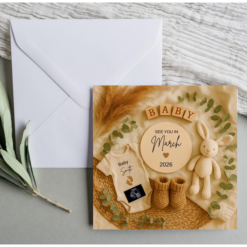 Baby Announcement March 2026 Template, Editable Digital Simple Boho ...