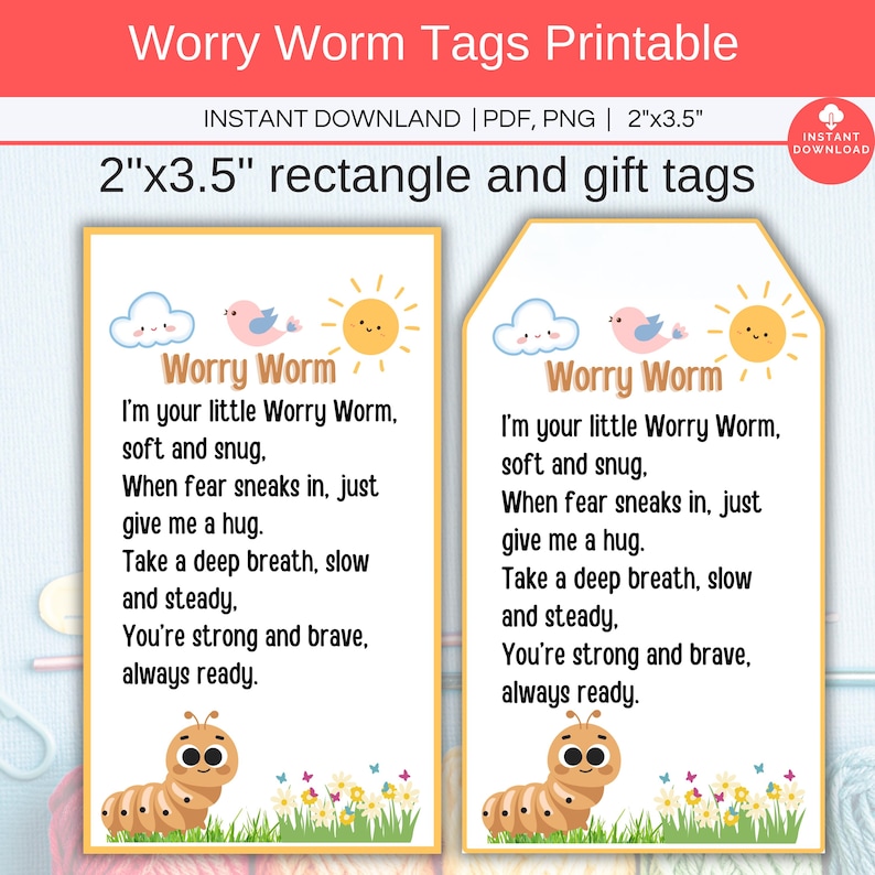 Worry Worm Tags, Printable Labels for Crochet Worms, Anxiety Relief ...