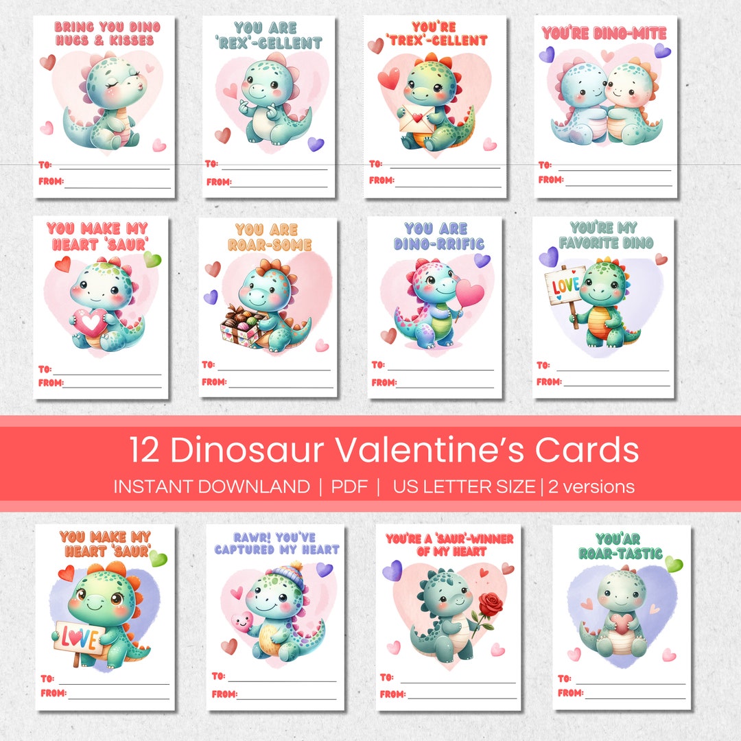 Dinosaur Valentines Cards for Kids, Printable Dino Valentine's Day ...