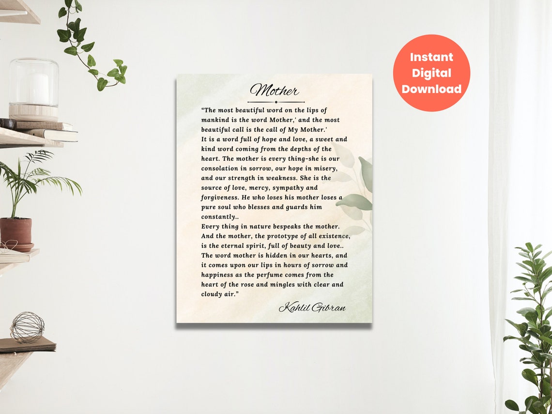 The Mother by Kahlil Gibran Printable Poem Typography Wall Art ...