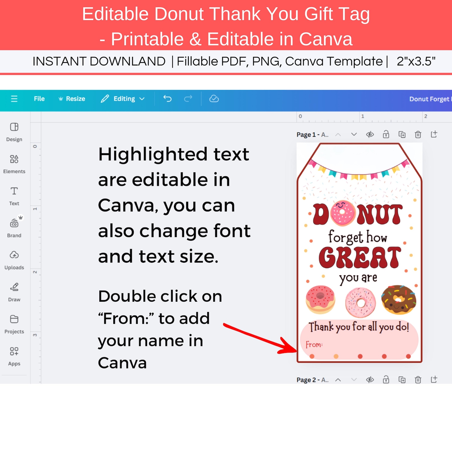 Donut Thank You Gift Tag Printable, Editable Donut Forget How Great You ...