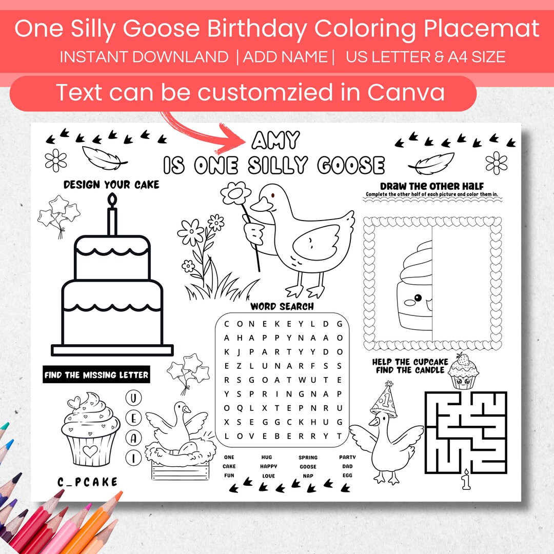 One Silly Goose Birthday Party Coloring Activity Placemat, Editable ...