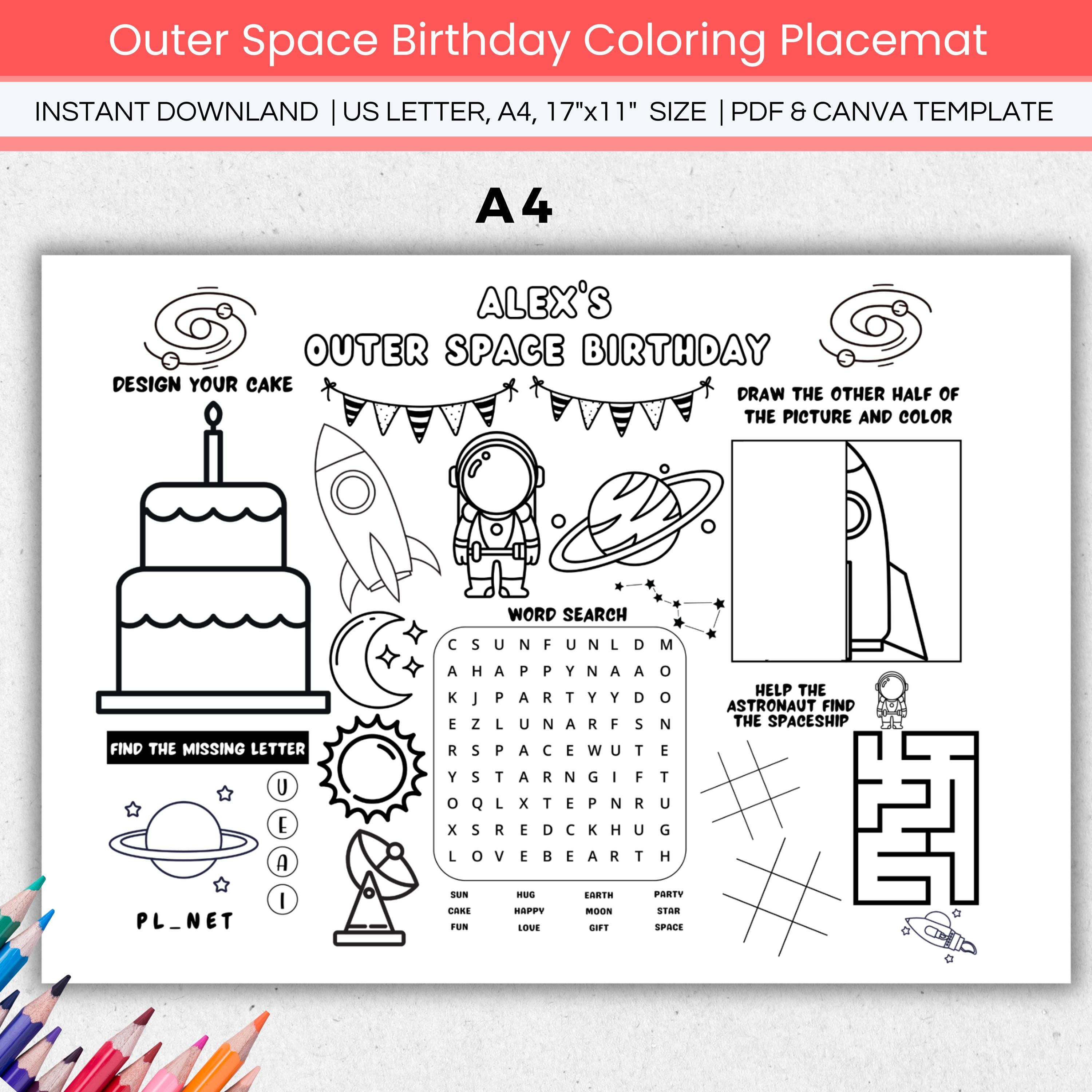 Outer Space Birthday Coloring Placemat, Editable Space Birthday Party ...