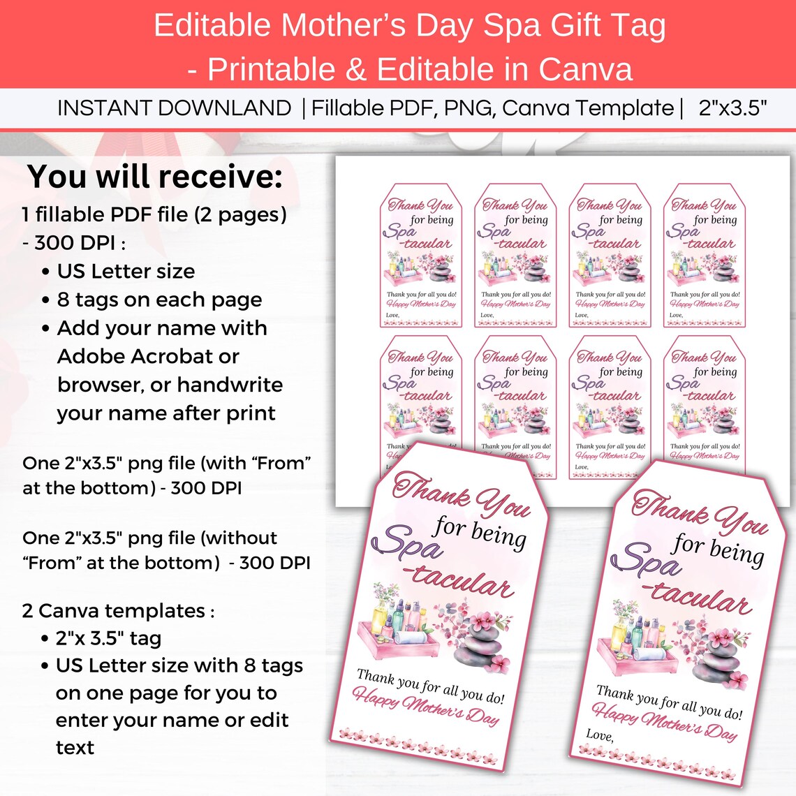 Spa Gift Basket Tag Happy Mother's Day Gift Tag, Editable Spa-tacular ...