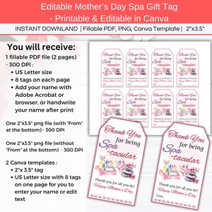 Spa Gift Basket Tag Happy Mother's Day Gift Tag, Editable Spa-tacular ...