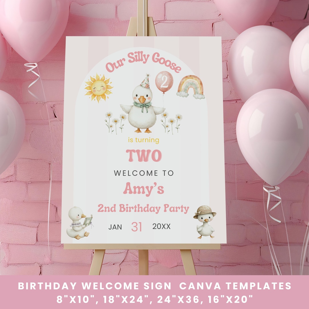 Silly Goose Birthday Welcome Sign, Editable Girl Goose 2nd Birthday ...