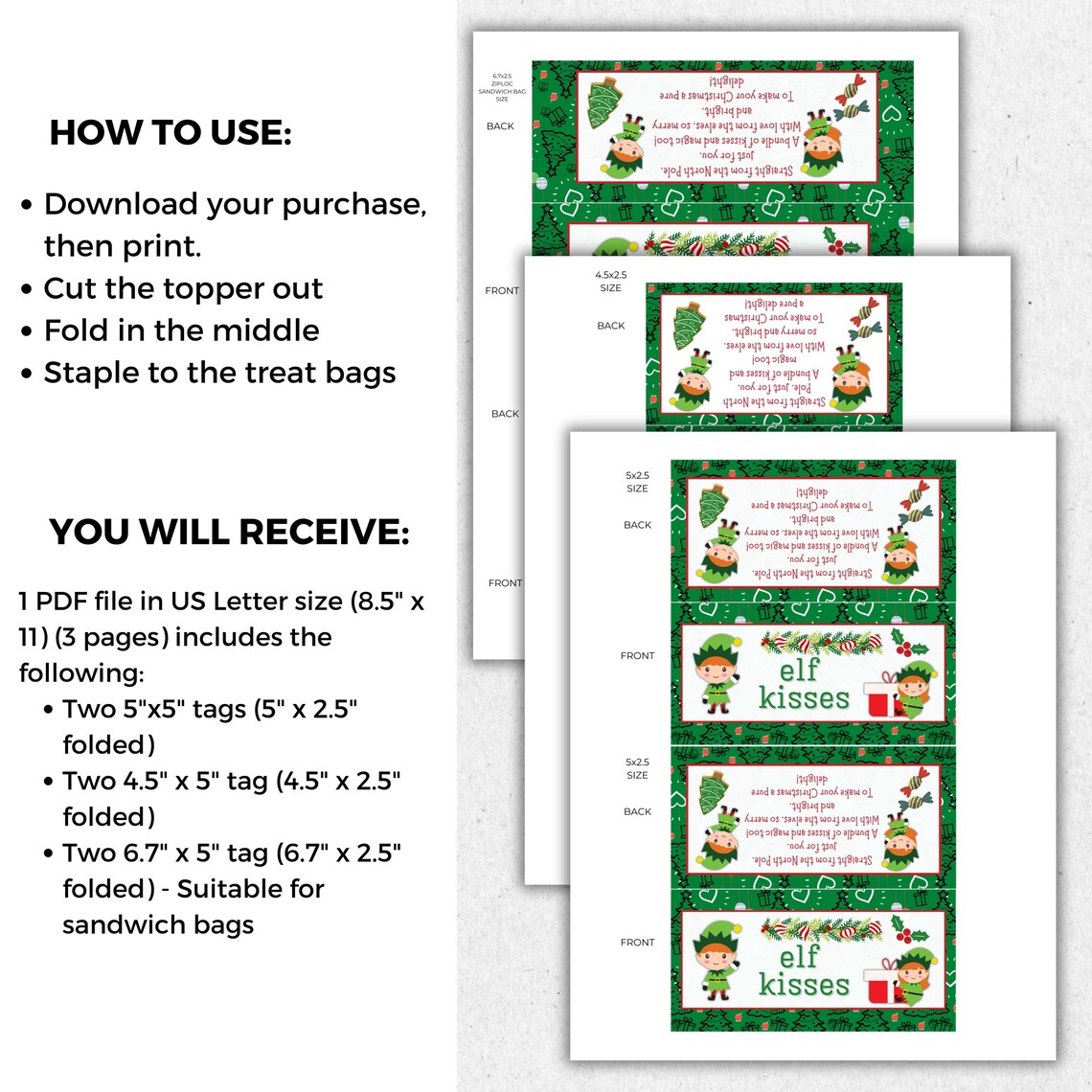 Elf Kisses Treat Bag Tag Topper Printable, Elf Kisses Label, Winter ...