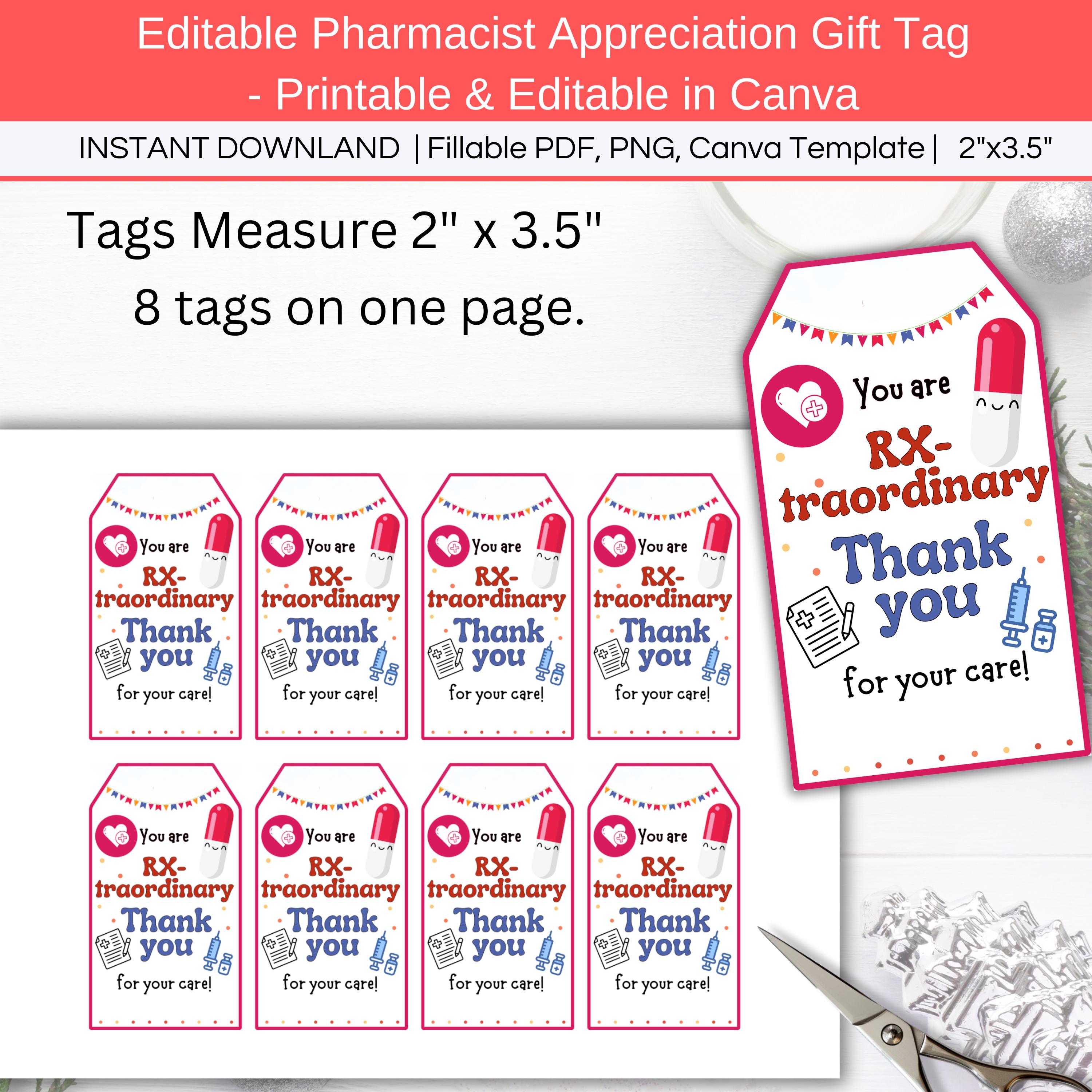 Pharmacist Appreciation Thank You Gift Tags Printable, Editable ...