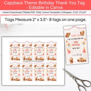 Capybara Thank You Birthday Party Favor Tag, Editable Cute Capybara ...