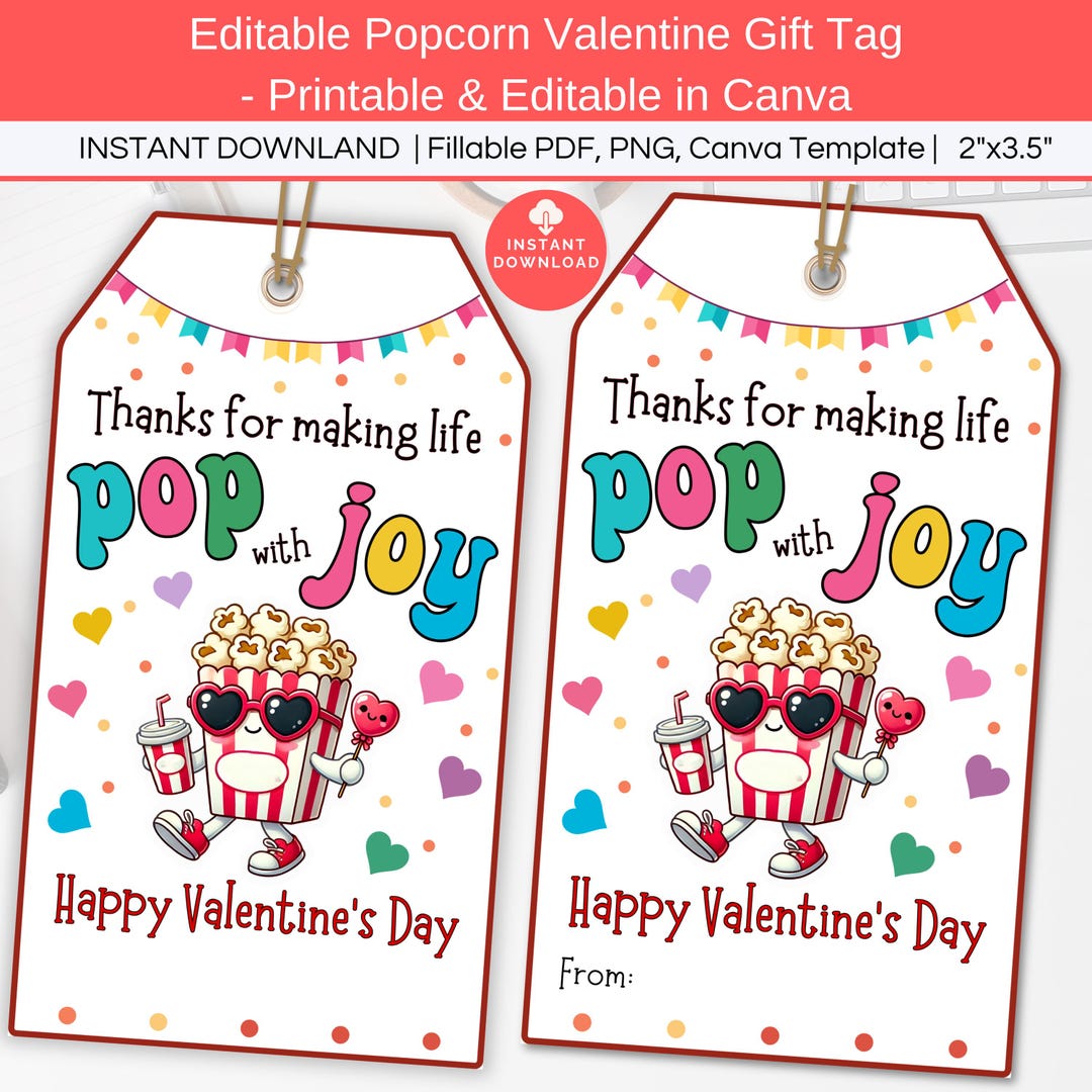 Popcorn Valentine's Day Gift Tag Editable, Printable Kid Classroom ...