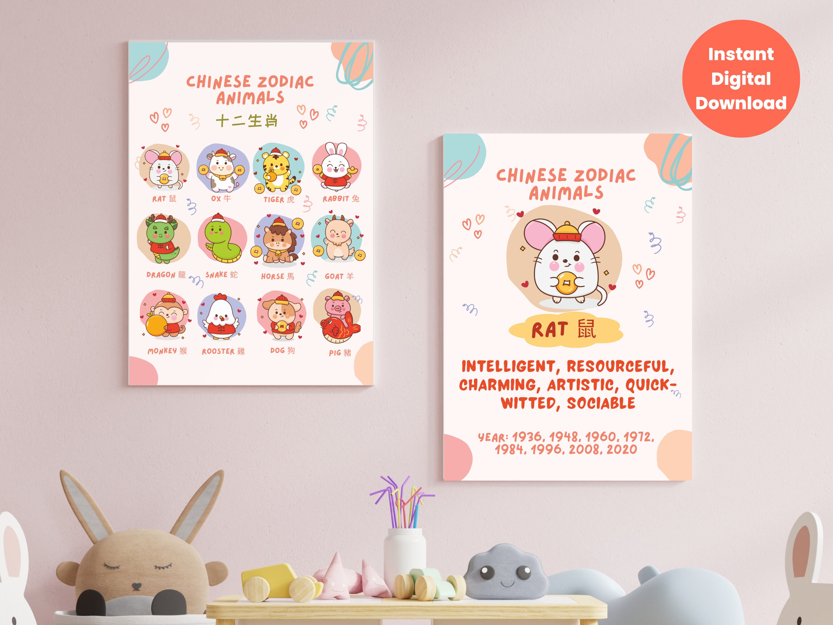 12 Chinese Zodiac Animals Signs and Year of Rat, Set of 2 Adorable ...