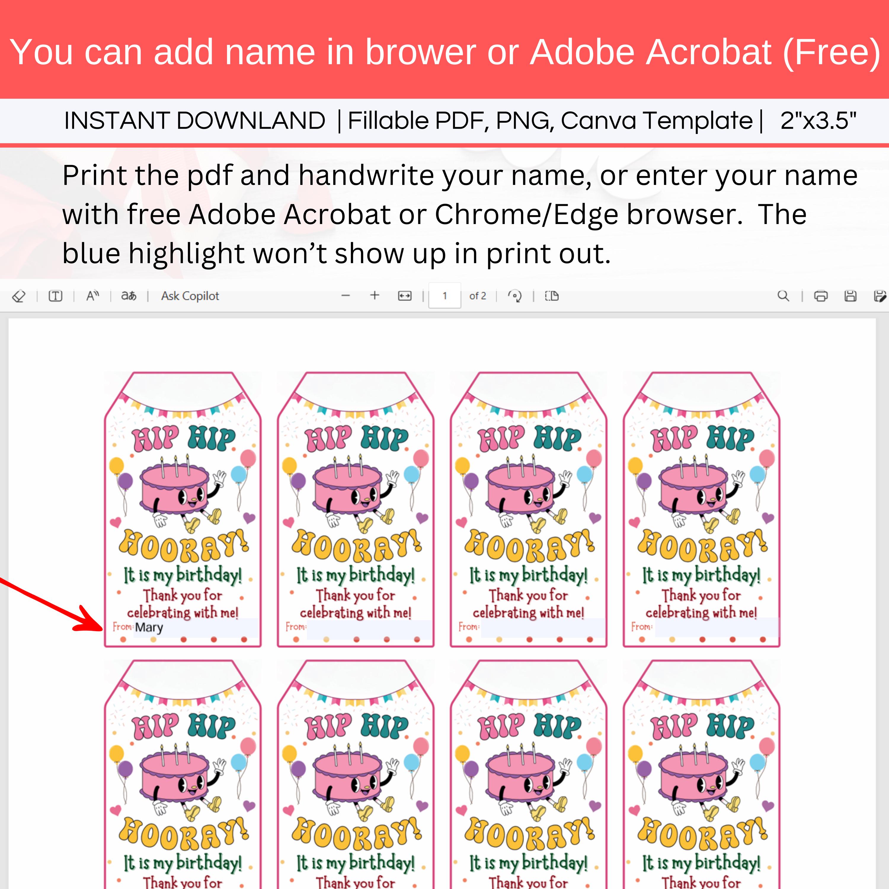 Hip Hip Hooray Birthday Treat Tag Printable, Editable Kids Classroom ...