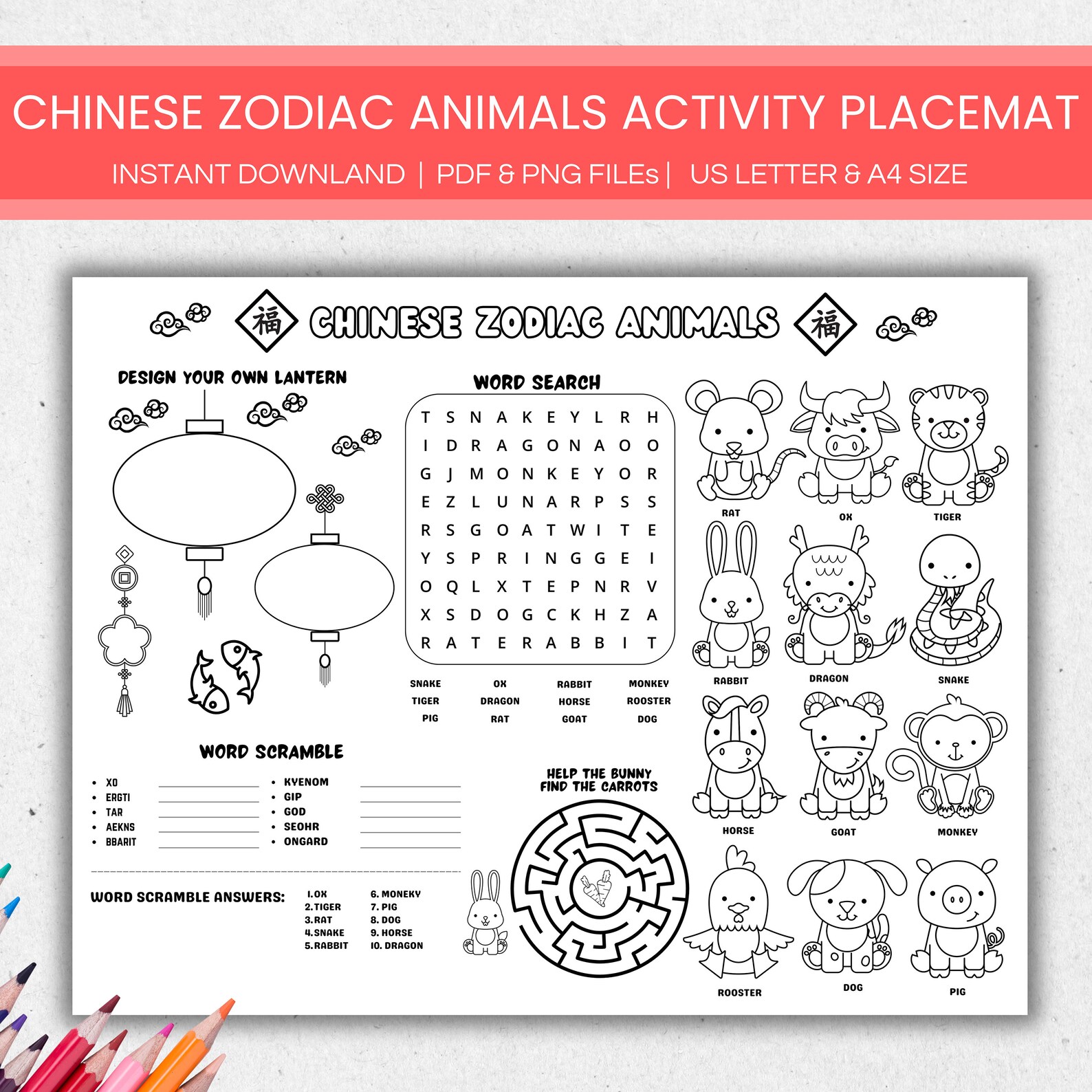 Chinese Zodiac Animals Coloring Sheet, Printable Lunar New Year ...