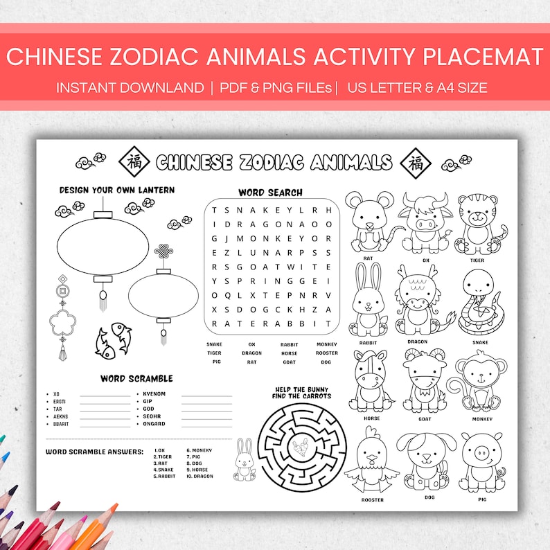 Chinese Zodiac Animals Coloring Sheet, Printable Lunar New Year ...
