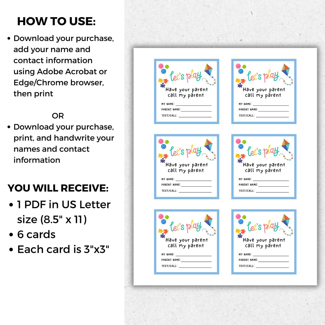 Printable Kids Playdate Cards, Fillable Keep in Touch Cards, Kids ...
