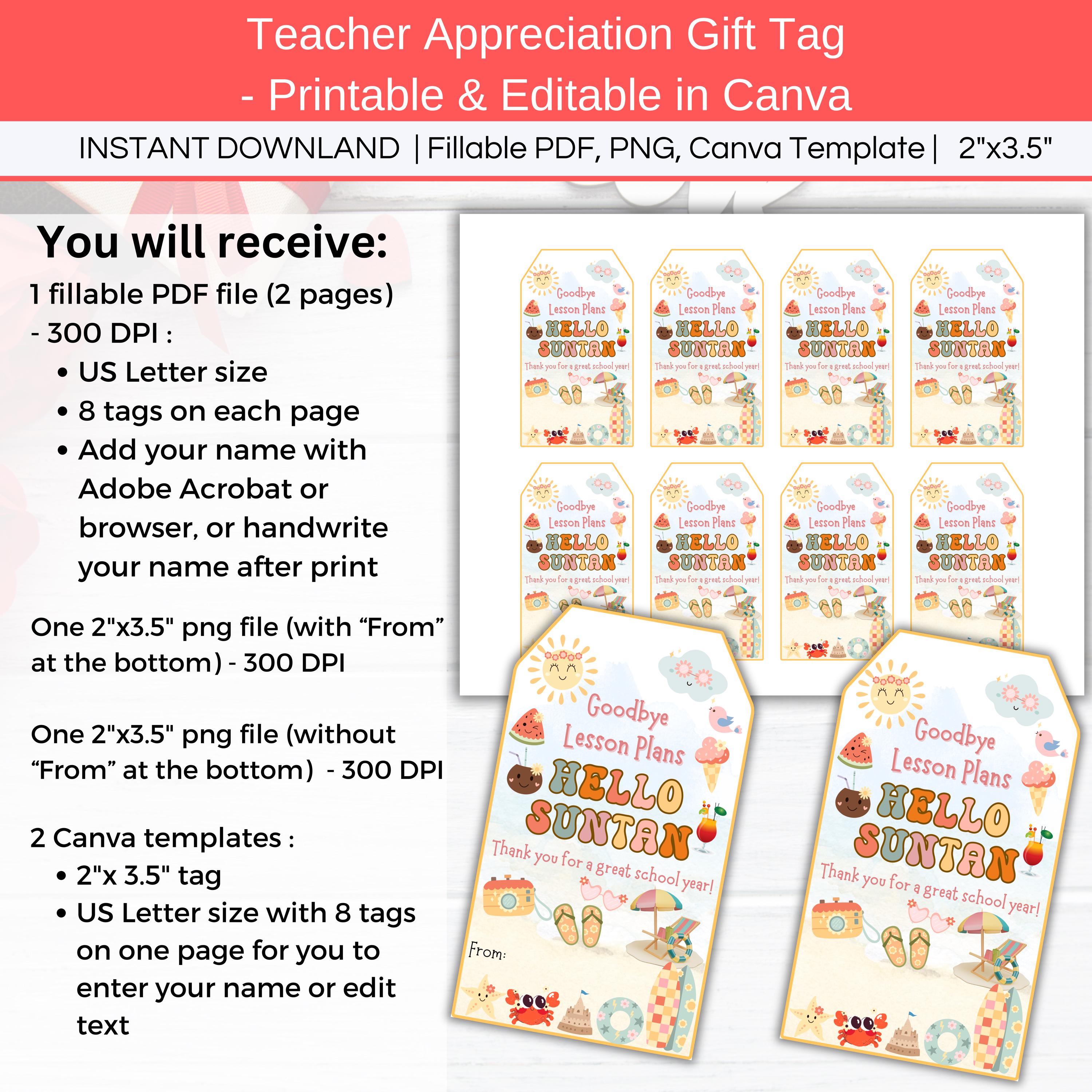 Goodbye Lesson Plan Hello Suntan Gift Tag Printable, Editable Teacher ...