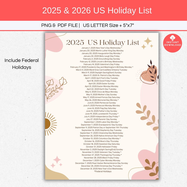 2025 Holiday List, 2026 Holiday List Printable, US Federal Holidays ...