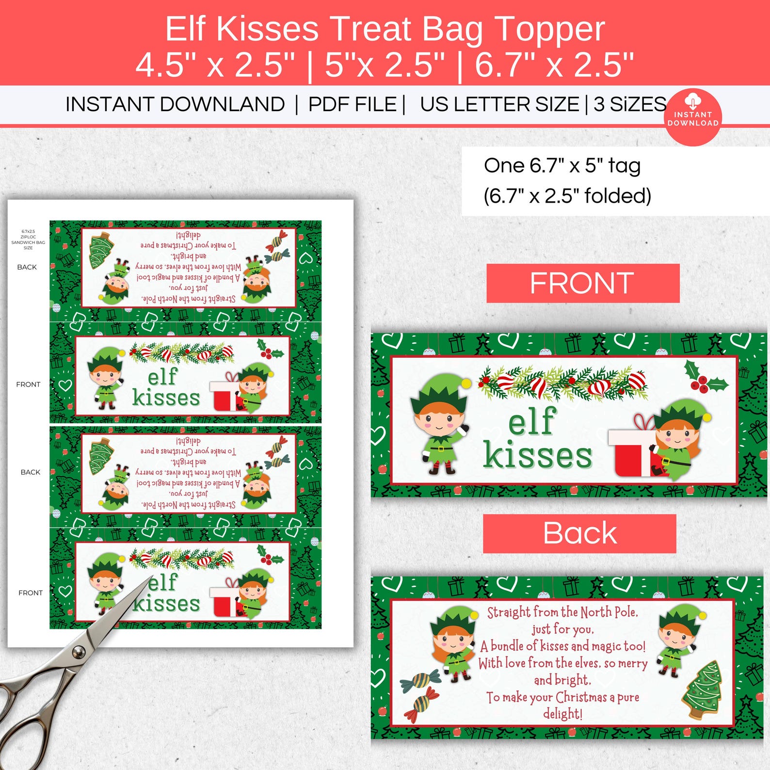Elf Kisses Treat Bag Tag Topper Printable, Elf Kisses Label, Winter ...