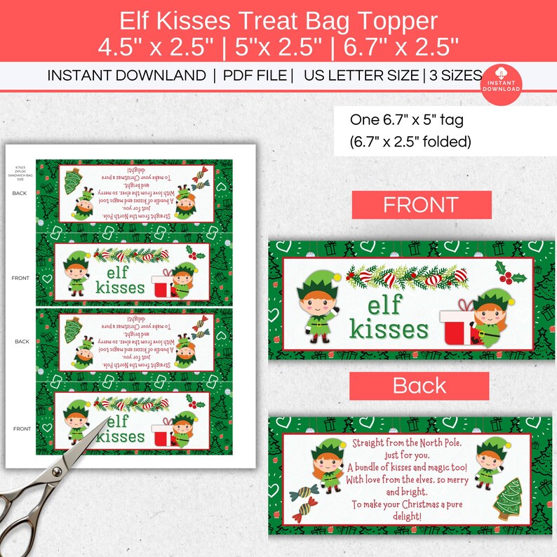 Elf Kisses Treat Bag Tag Topper Printable, Elf Kisses Label, Winter ...