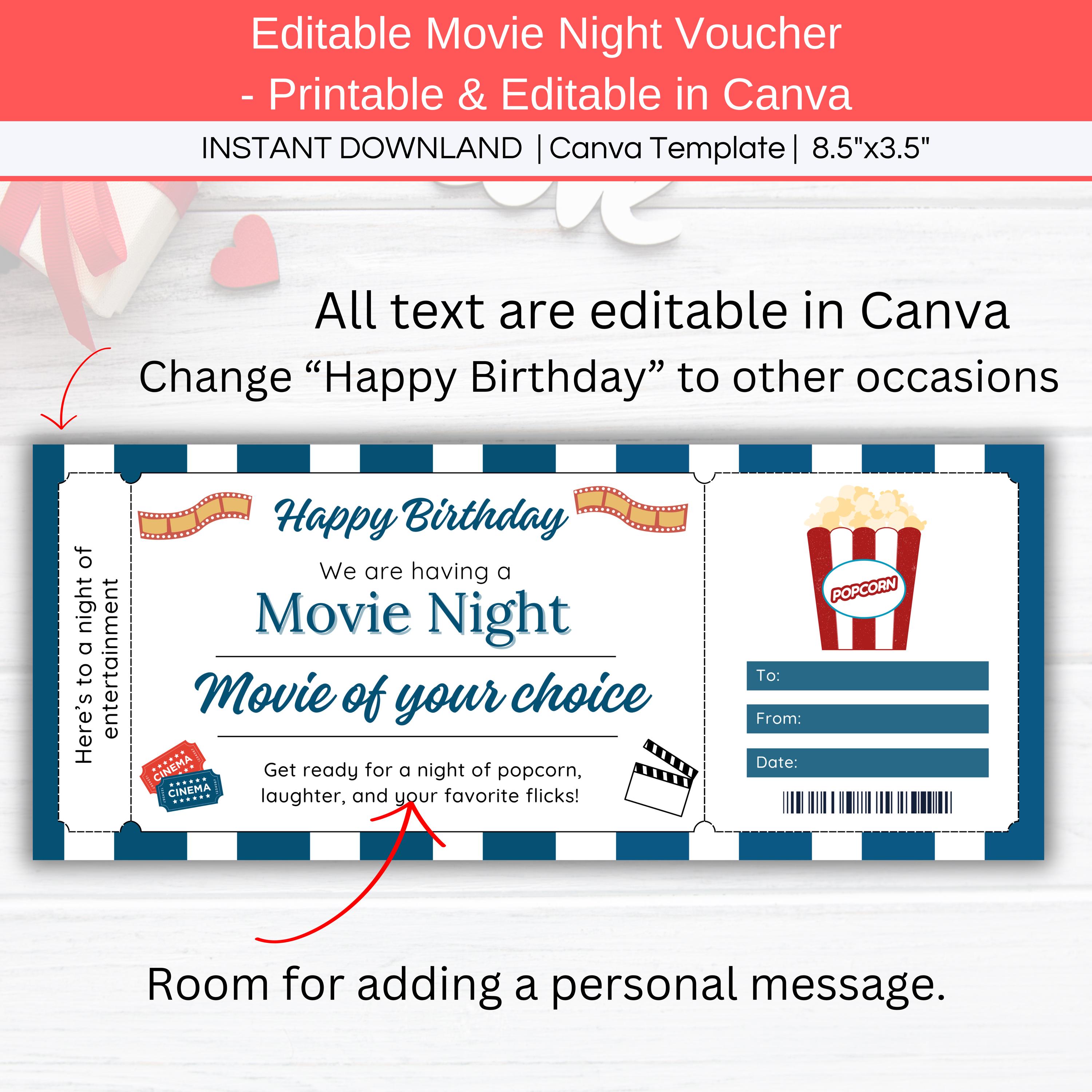 Movie Night Gift Voucher, Cinema Ticket Birthday Coupon Certificate ...