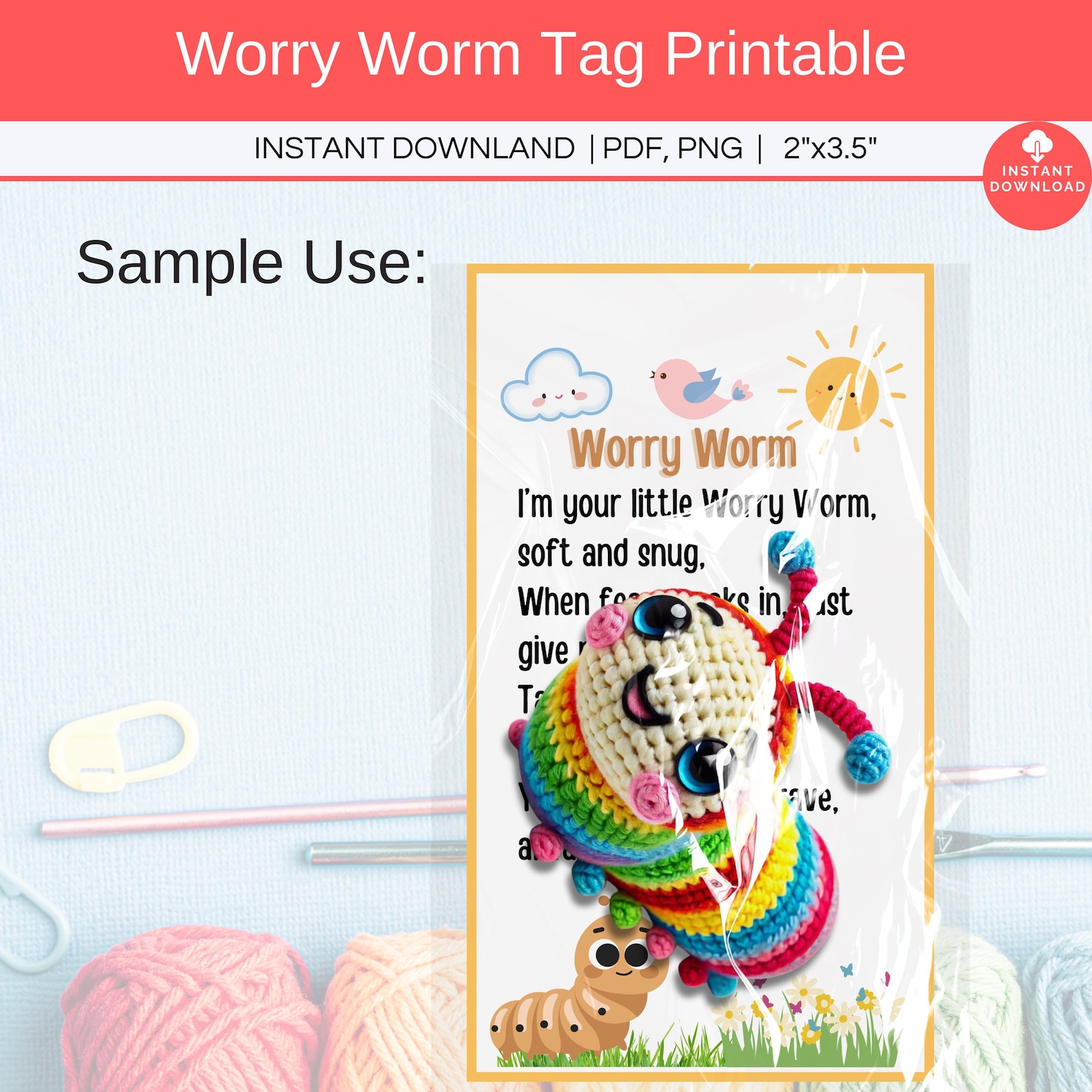 Worry Worm Tags, Printable Labels for Crochet Worms, Anxiety Relief ...
