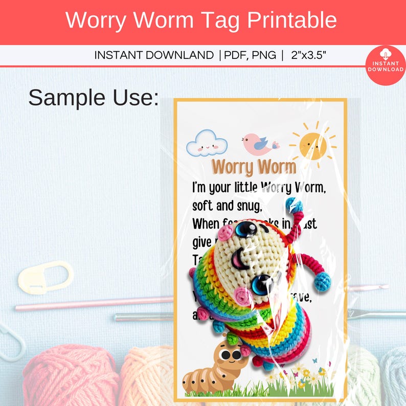 Worry Worm Tags, Printable Labels for Crochet Worms, Anxiety Relief ...
