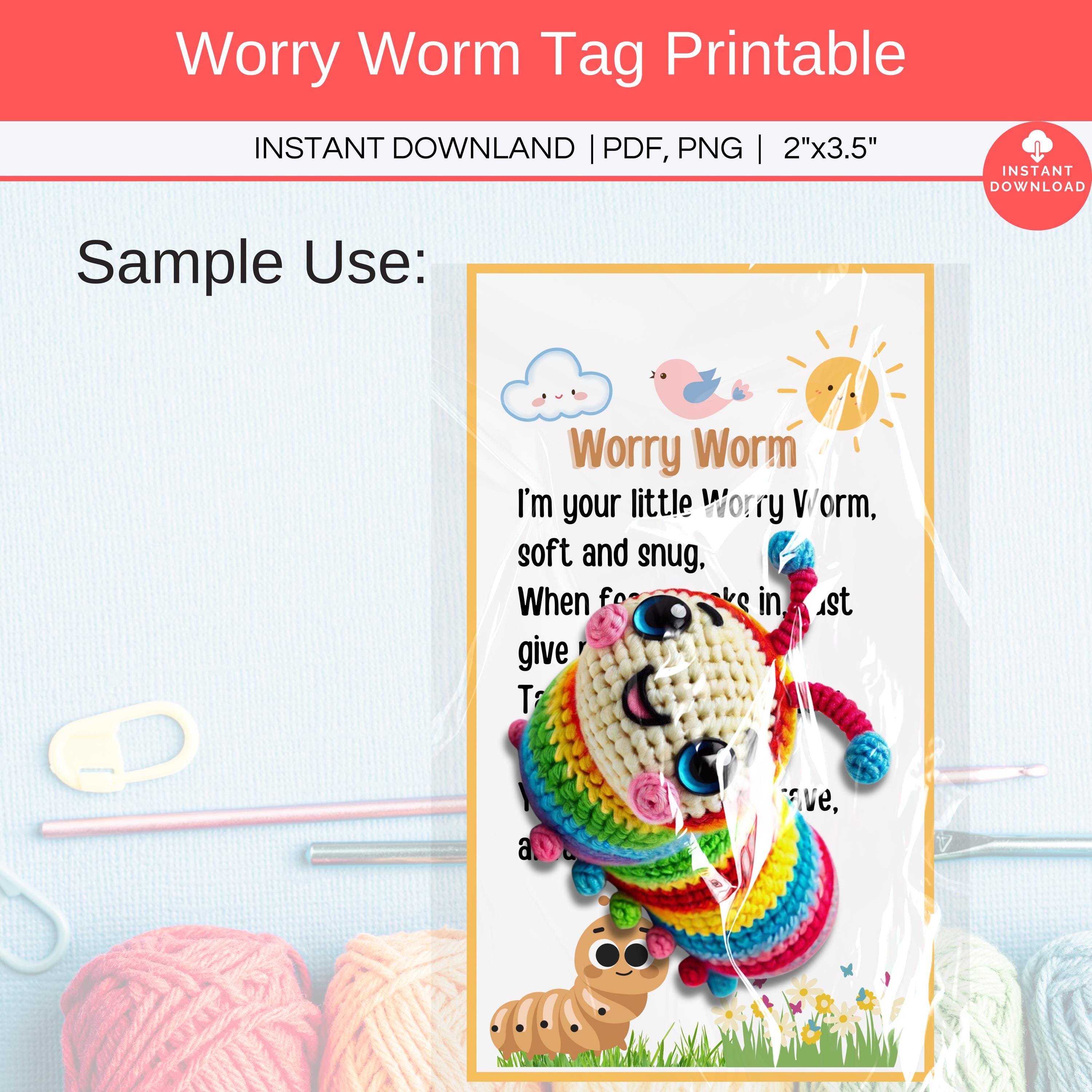 Worry Worm Tags, Printable Labels for Crochet Worms, Anxiety Relief ...