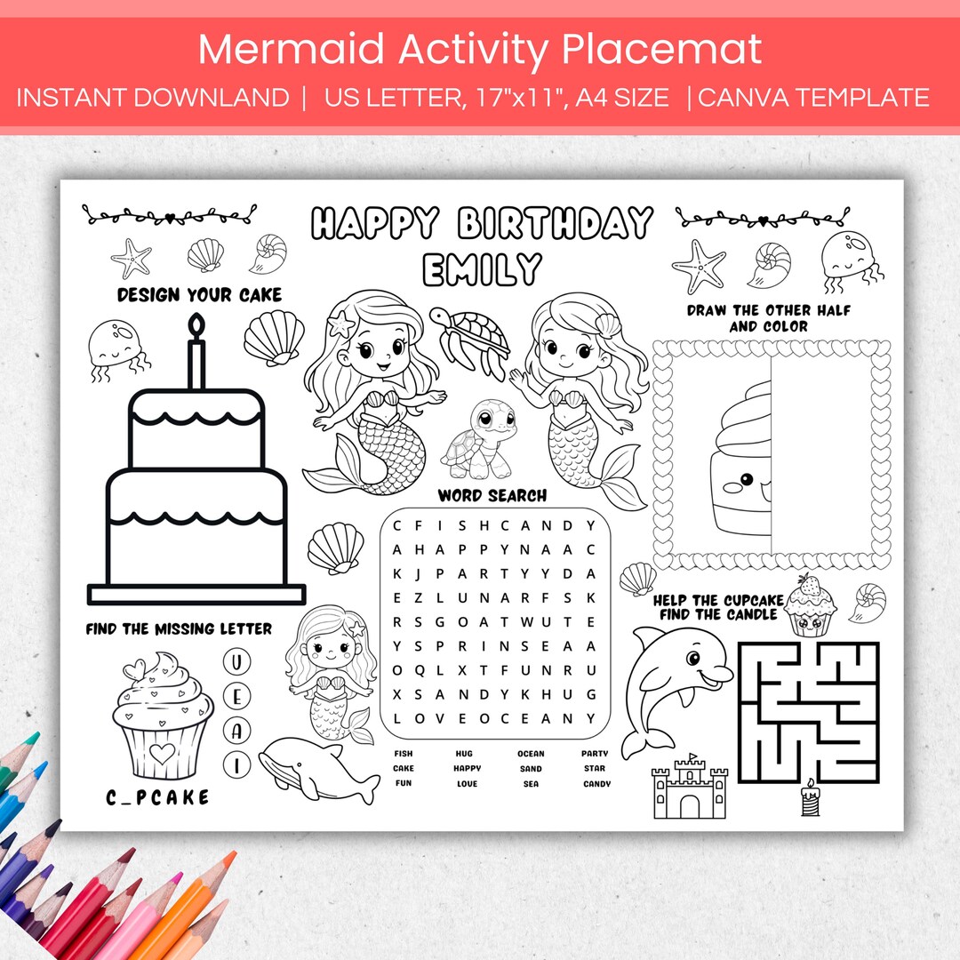 Printable Mermaid Activity Placemat, Under the Sea Kids Coloring Sheet ...