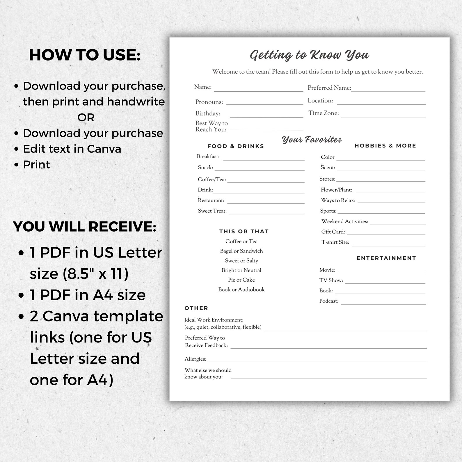 Getting to Know You Form for Employees Printable, Editable All About Me ...