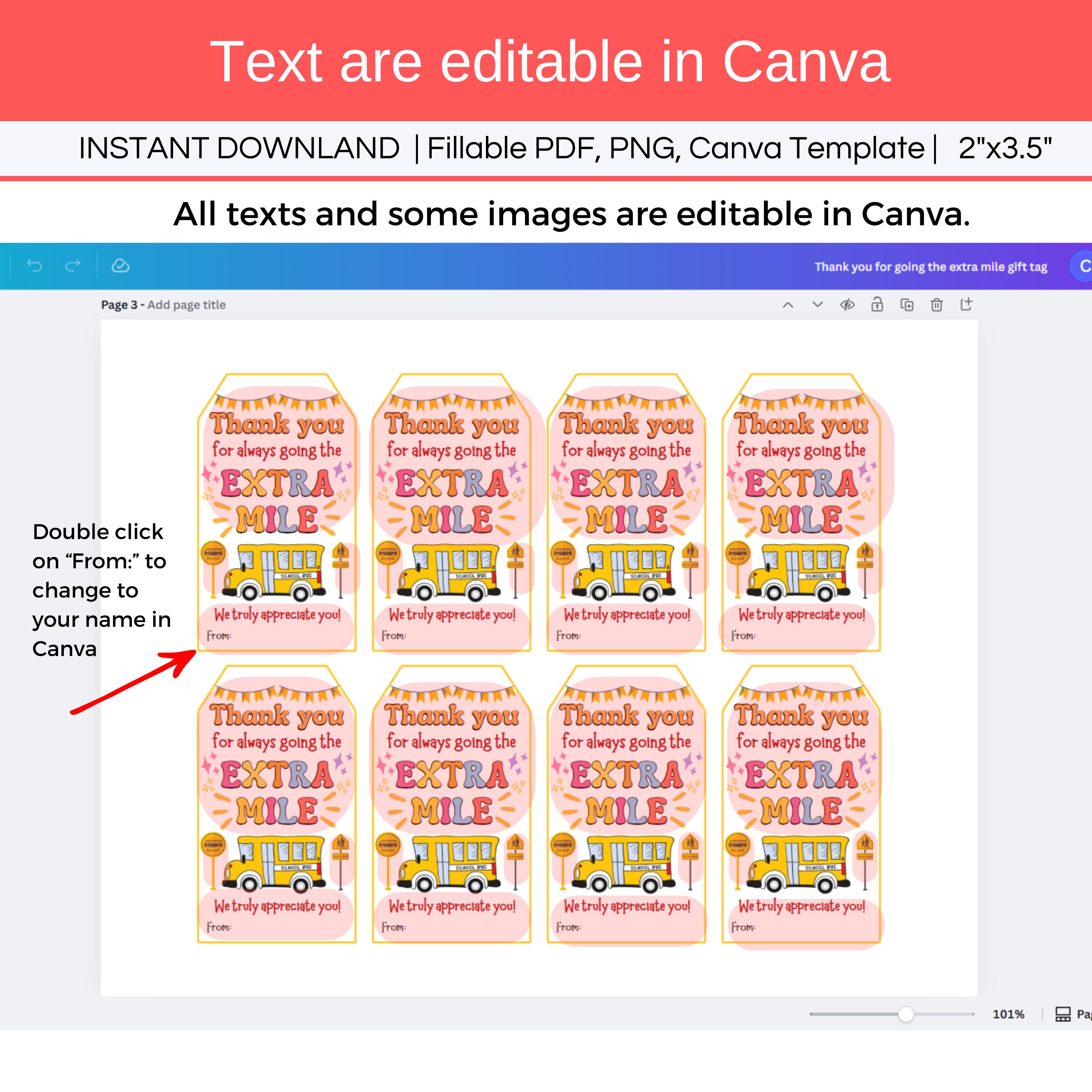 Thank You Going the Extra Mile School Bus Driver Gift Tag Editable, Bus ...