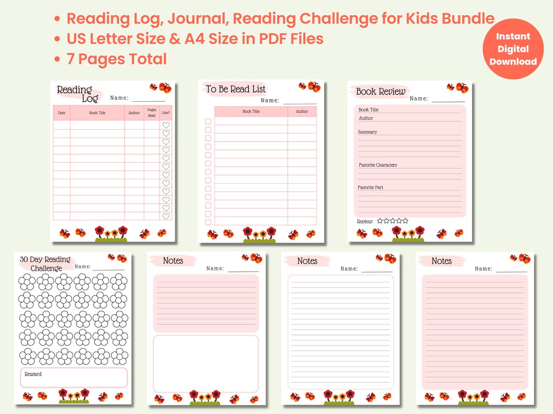 Reading Log Tracker for Kids Printable, Reading Journal, Book Review ...
