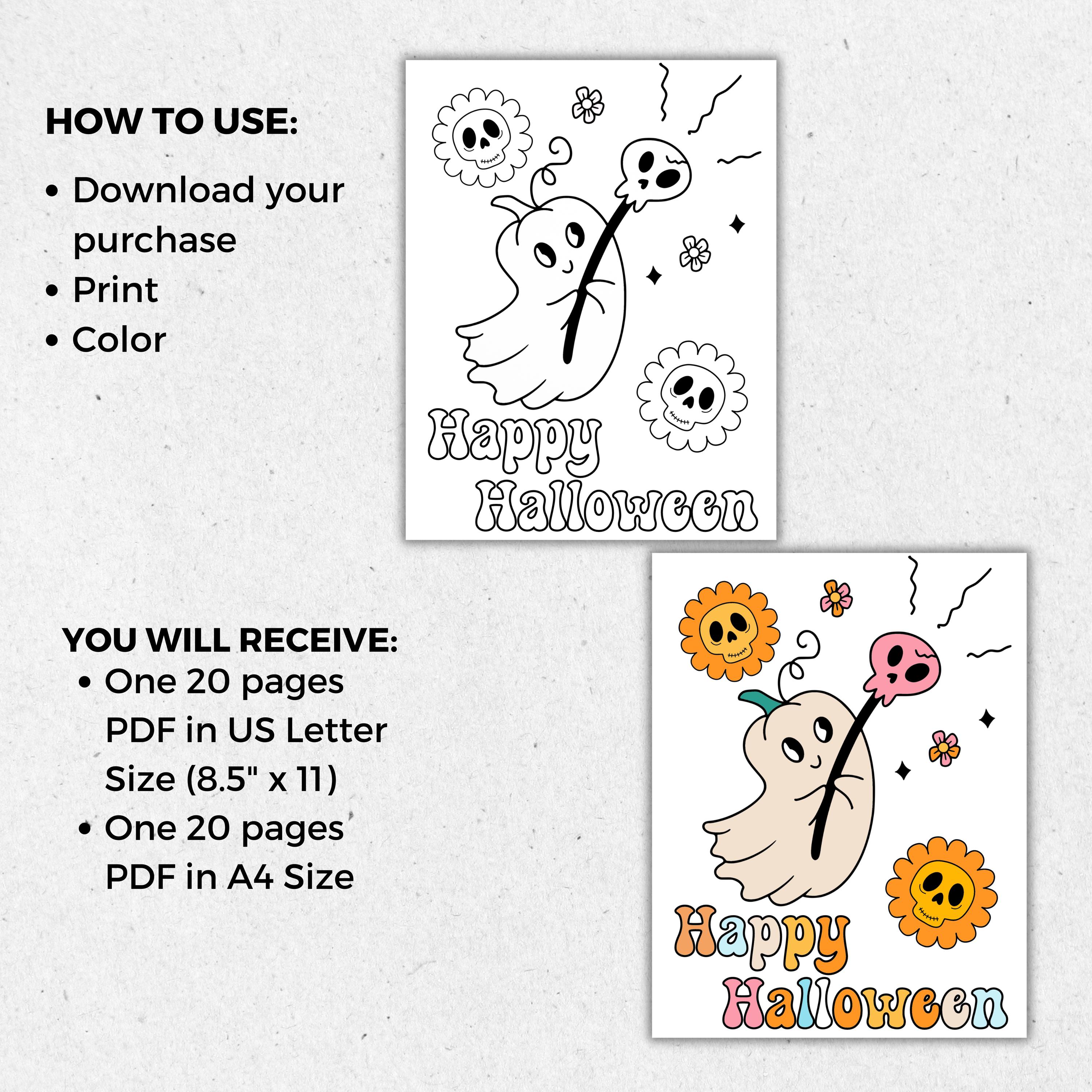 Retro Groovy Halloween Coloring Pages Printable, Bold and Easy Cute and ...