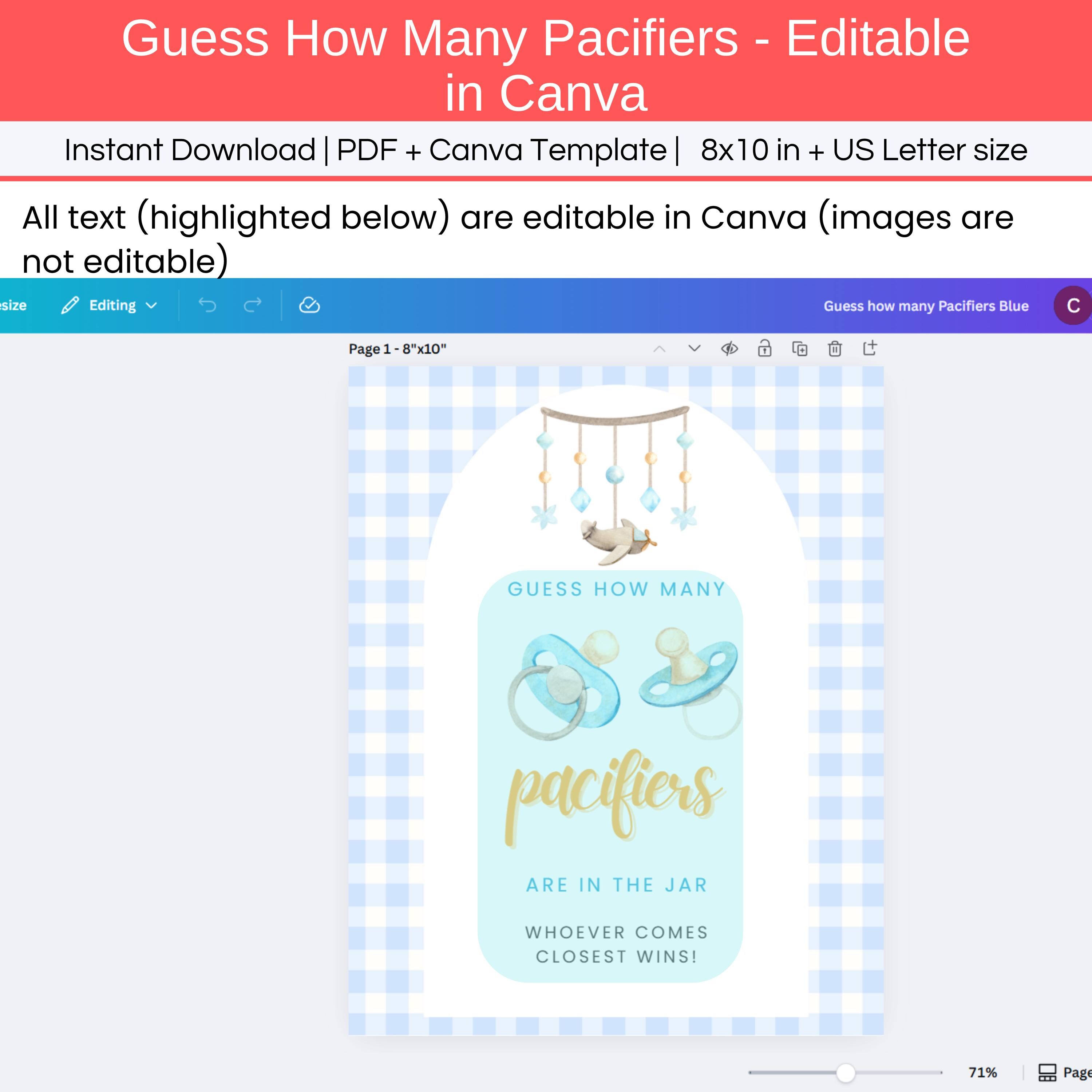 Guess How Many Pacifier Game Printable Sign, Answer Card, Tracking ...