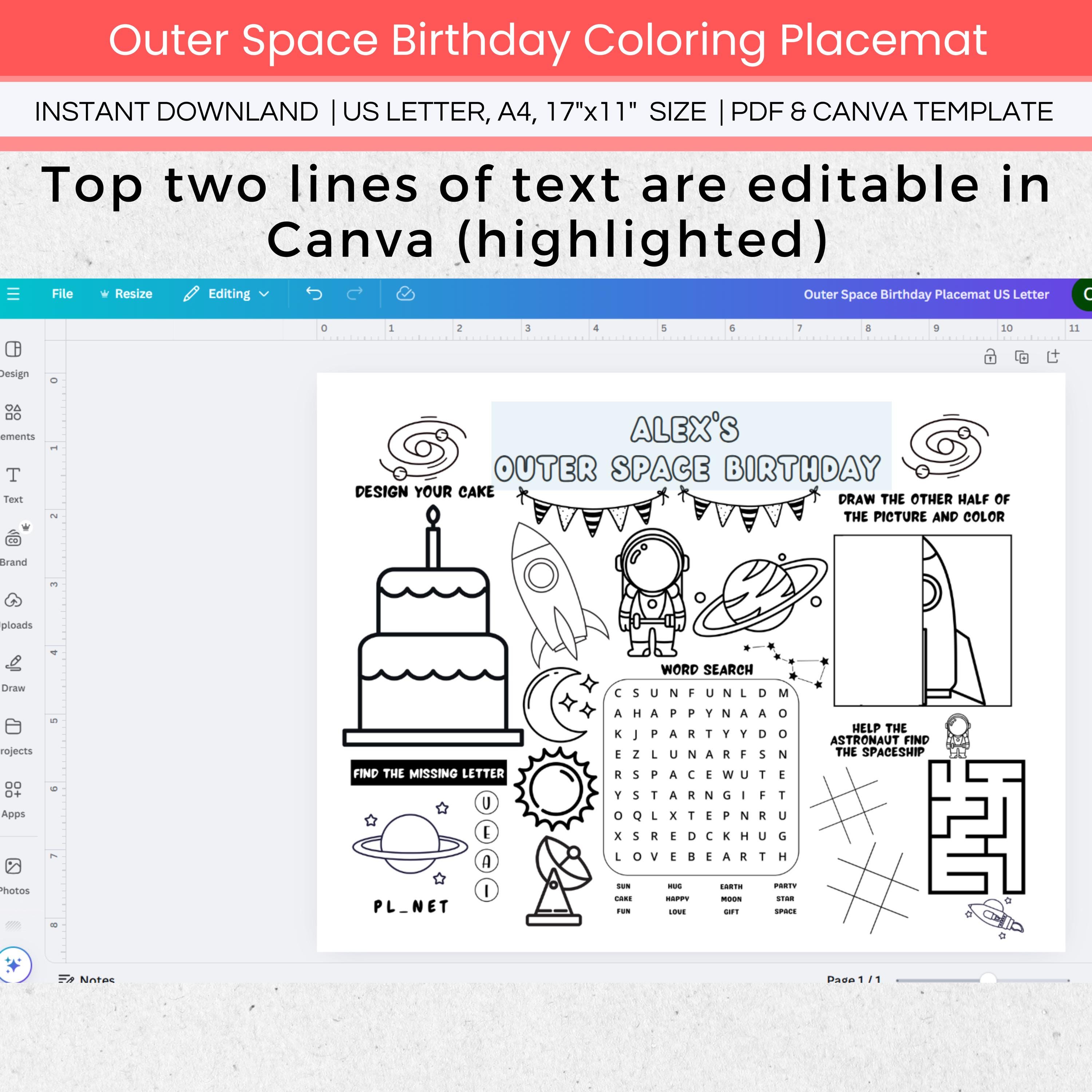 Outer Space Birthday Coloring Placemat, Editable Space Birthday Party ...