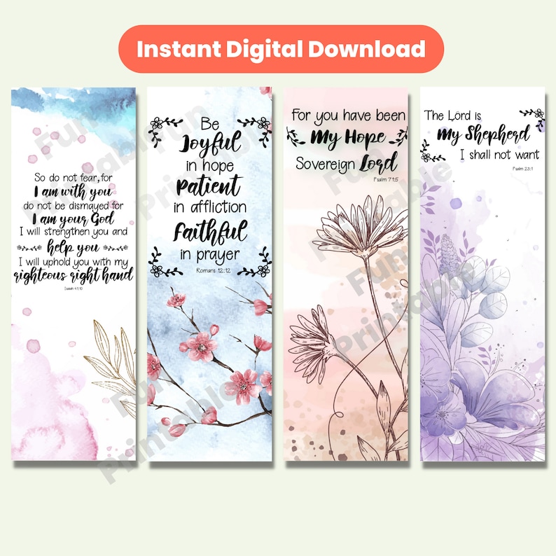 12 Bible Verses Printable Bookmark Set, Watercolor Floral Bookmarks ...