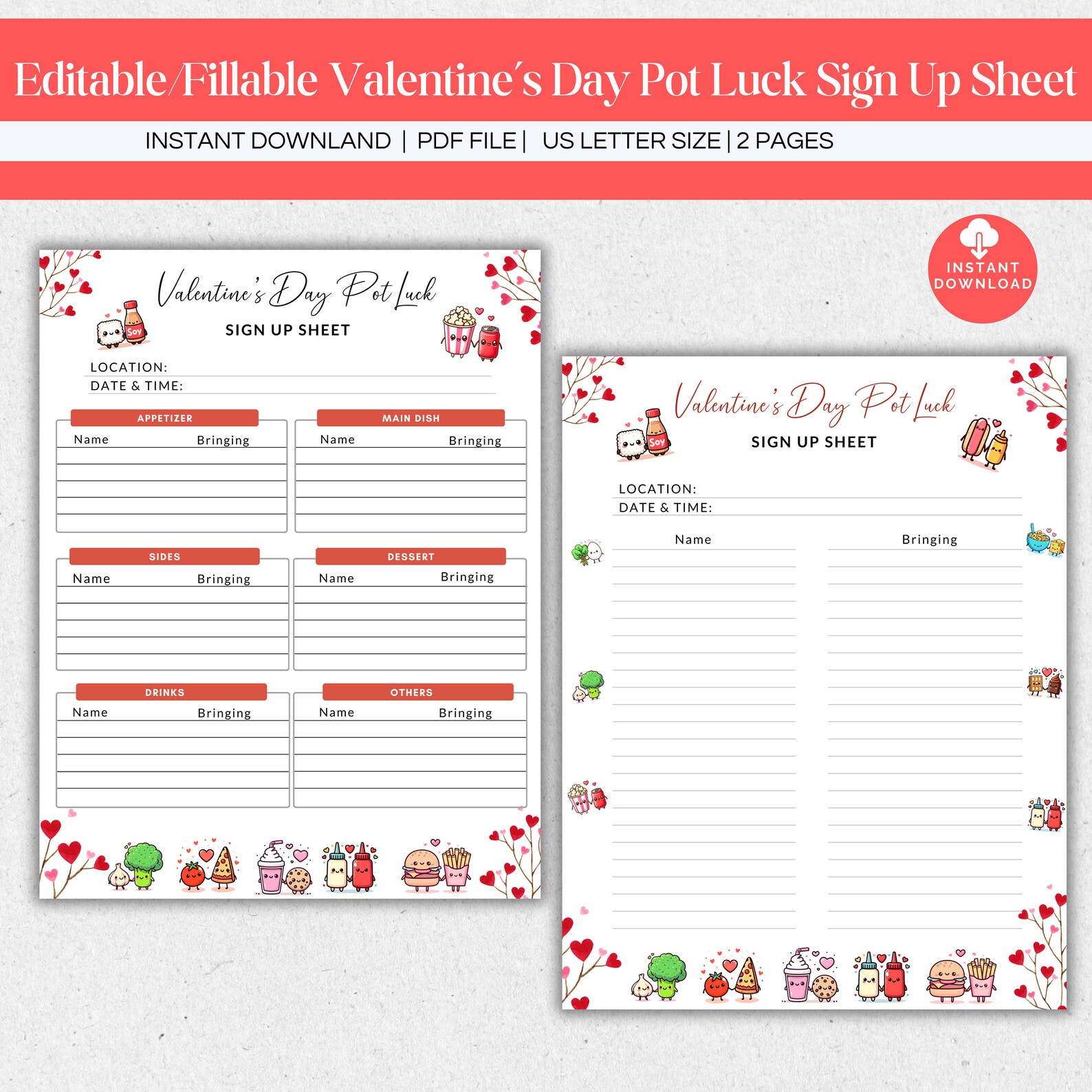 Editable Valentine's Day Pot Luck Sign up Sheet Printable, Potluck ...