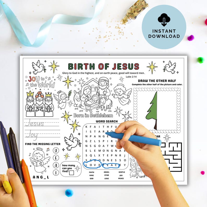 Nativity Activity Placemat for Kids, Christmas Birth of Jesus Coloring ...
